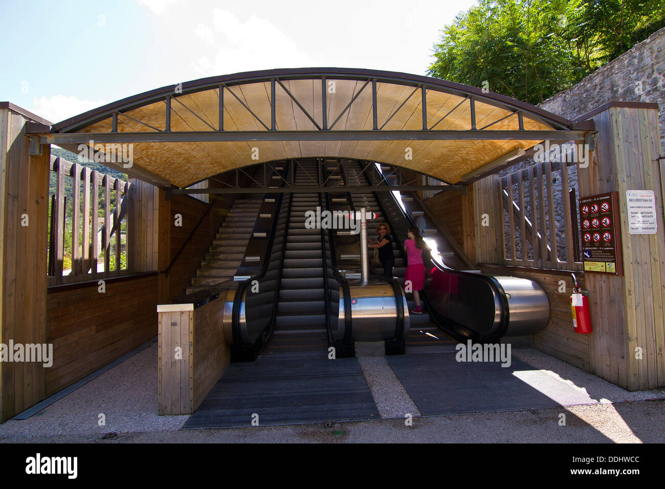 newly installed escalators leading up to the medieval town of Spoleto ...