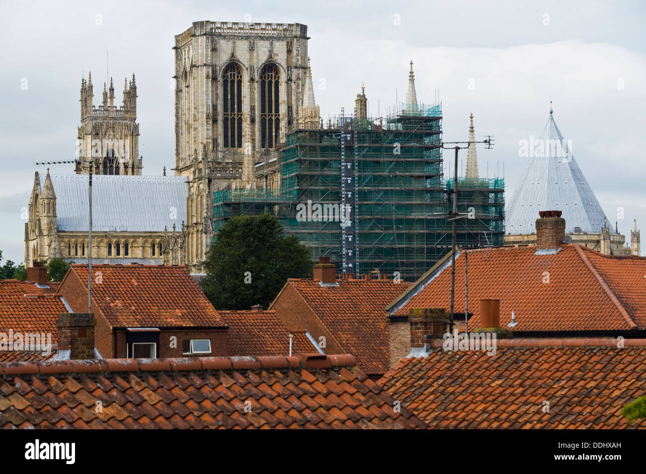View of YORK MINSTER cathedral over rooftops in the city centre of York ...