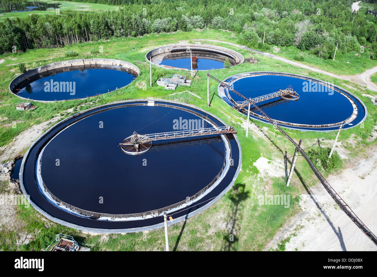 Primary sedimentation stage, sewage flowing through large circular ...