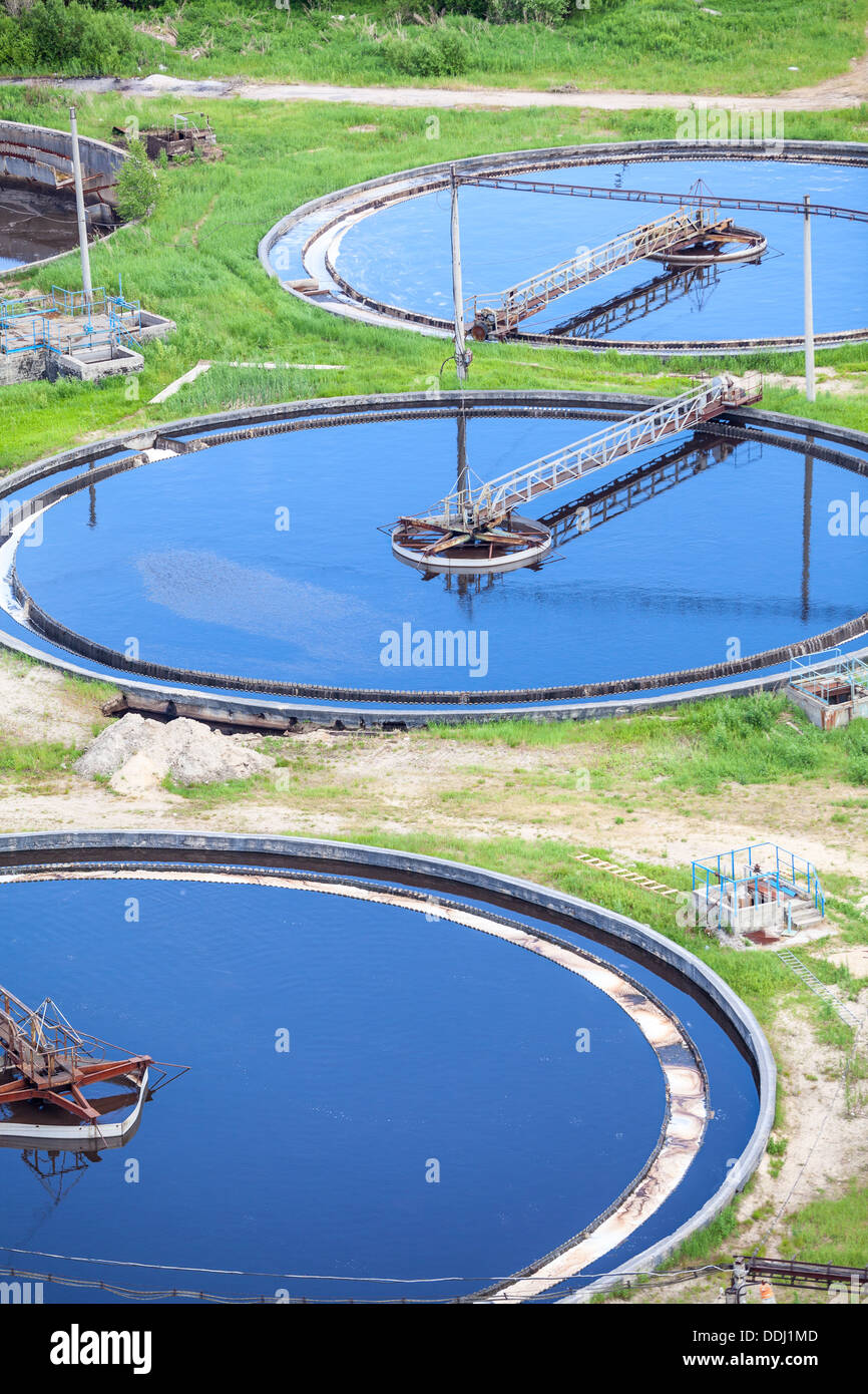 Group of primary circular sedimentation tanks for sewage cleaning Stock ...