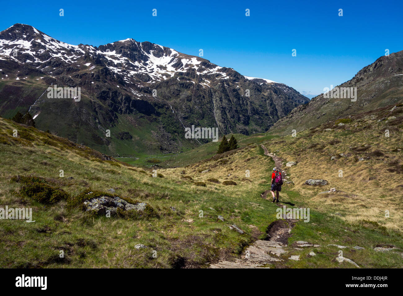 Female walker in red on mountain path, high summer, French Pyrenees ...