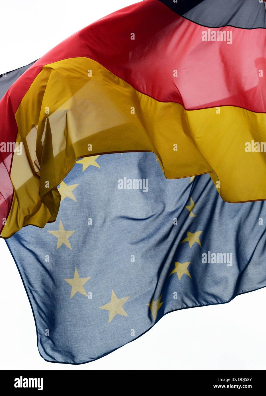A Germany flag and an EU flag are photographed in Berlin, Germany, 02 ...