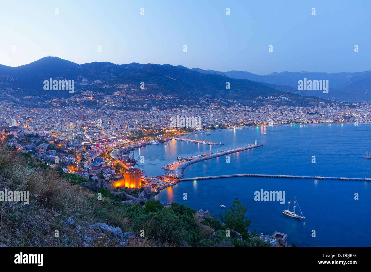 Turkey, Alanya, View of Red tower with harbour Stock Photo - Alamy