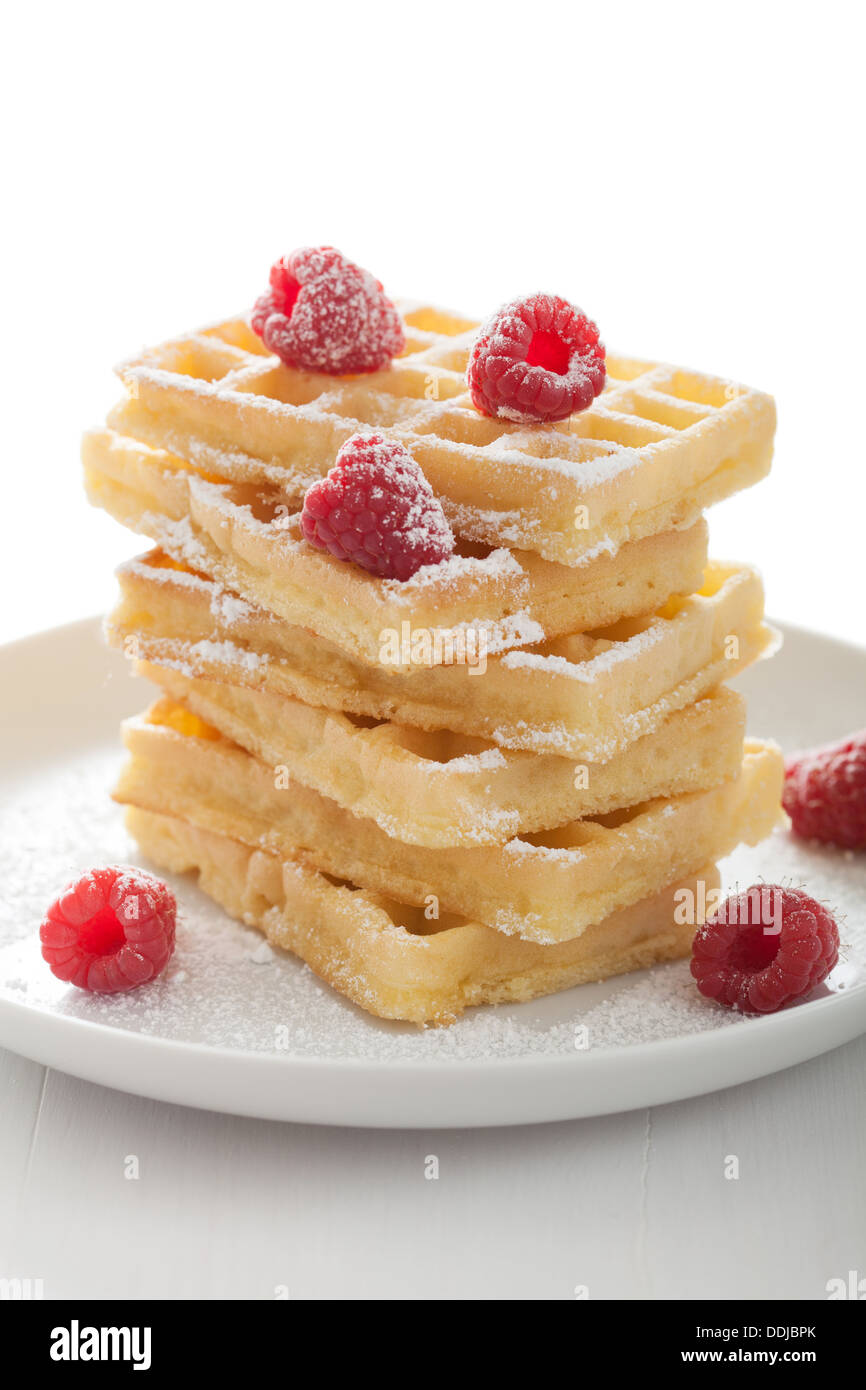 waffle with raspberry and icing sugar Stock Photo - Alamy
