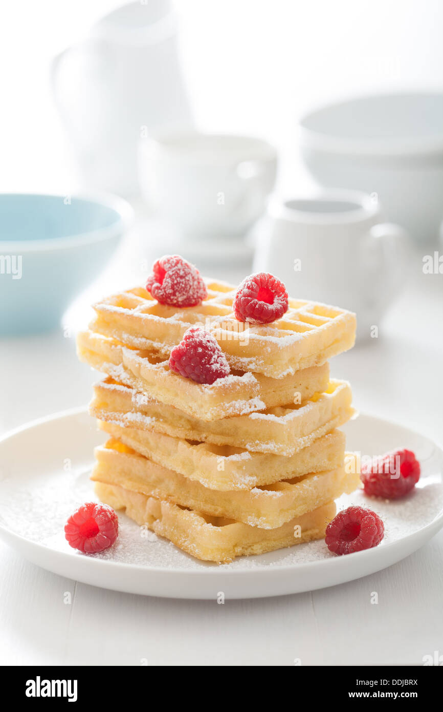 waffle with raspberry and icing sugar Stock Photo - Alamy