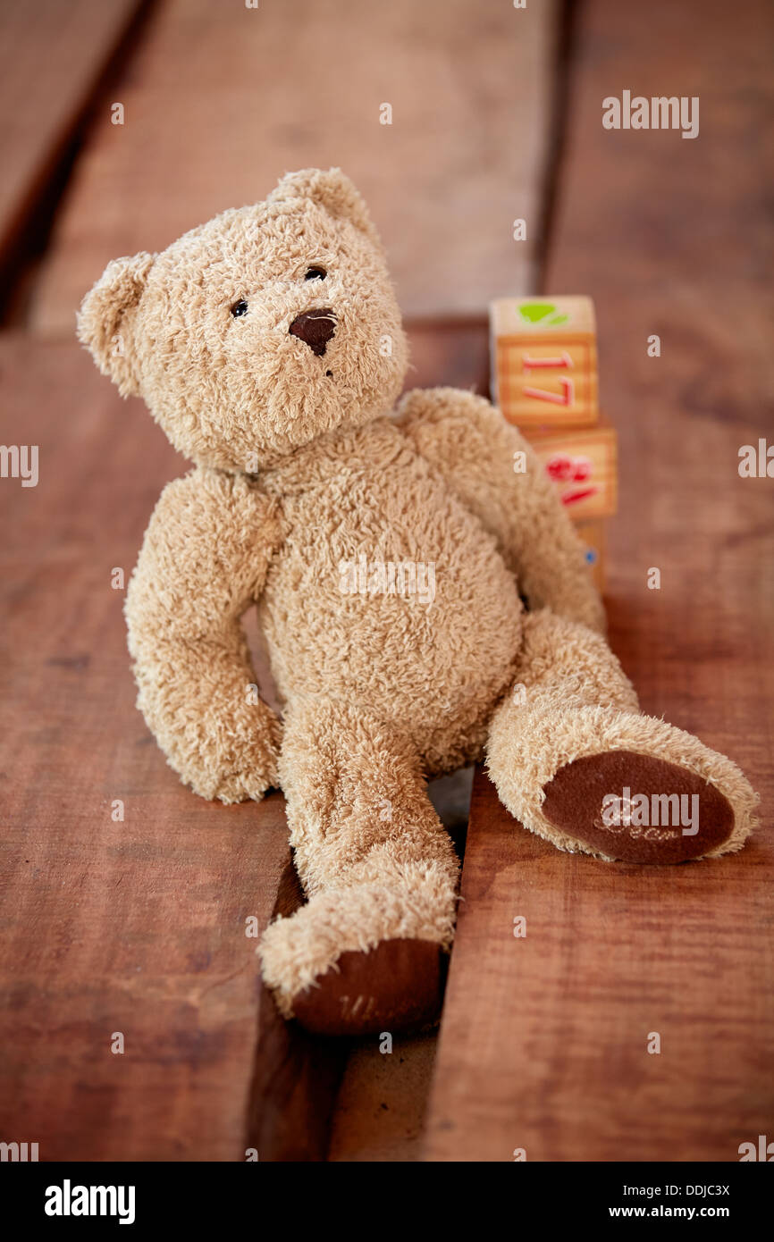 Brown bear with wooden building blocks against floor boards Stock Photo ...