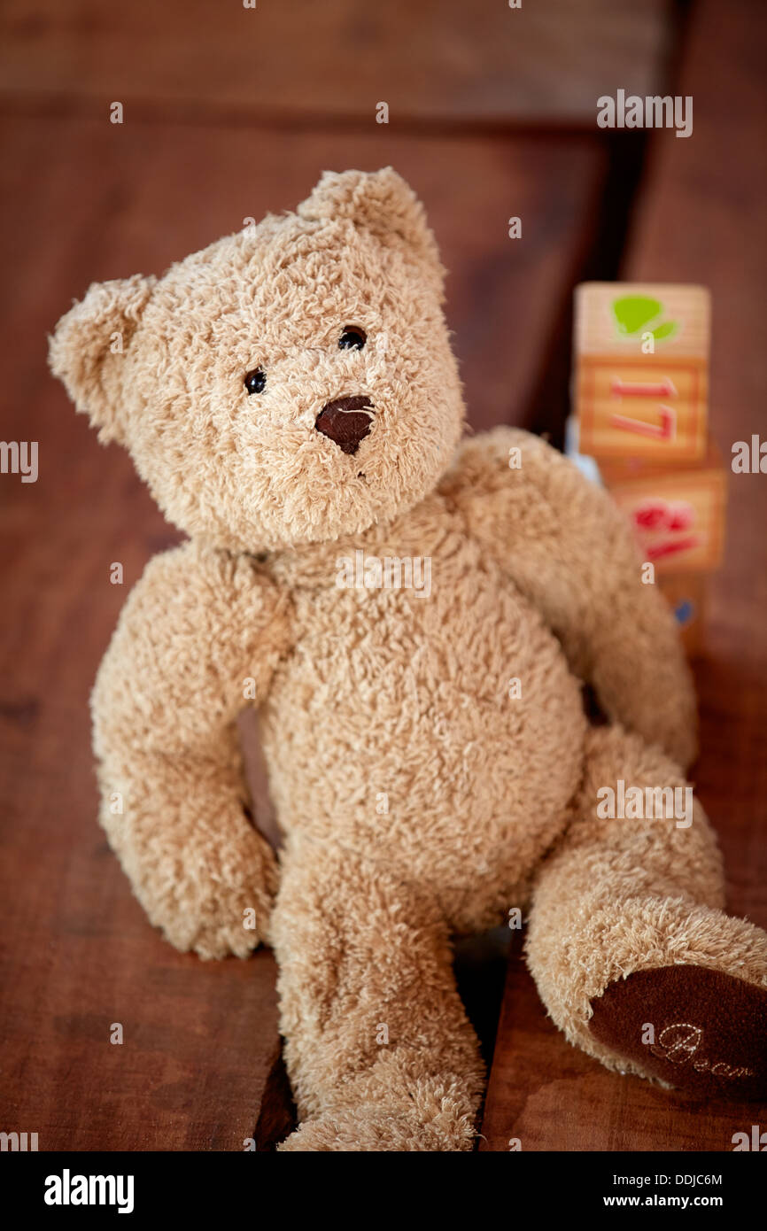 Brown bear with wooden building blocks against floor boards Stock Photo ...