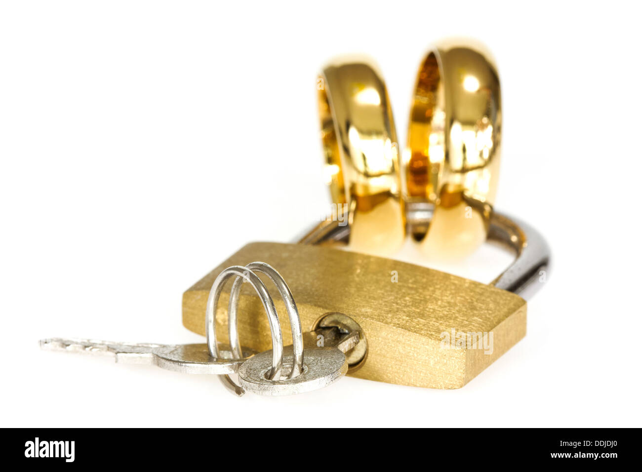 Together forever concept. Padlock with golden rings on white background ...