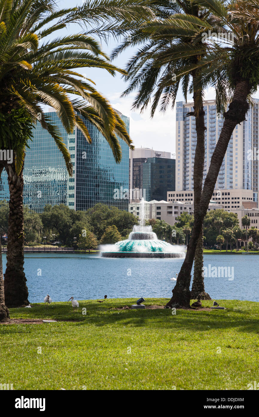High rise buildings behind the fountain at Lake Eola in downtown ...