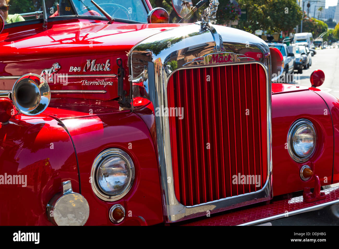 Detailed view of the front grill of a vintage Mack fire engine Stock ...