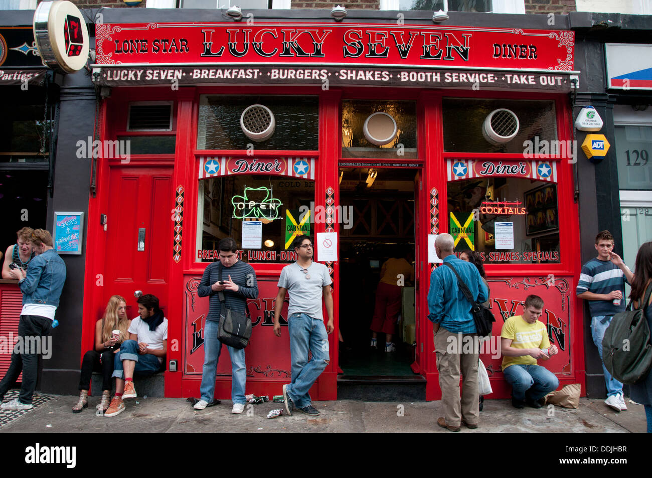 Trendy diner and take away snackbar & street scene in West London Stock ...