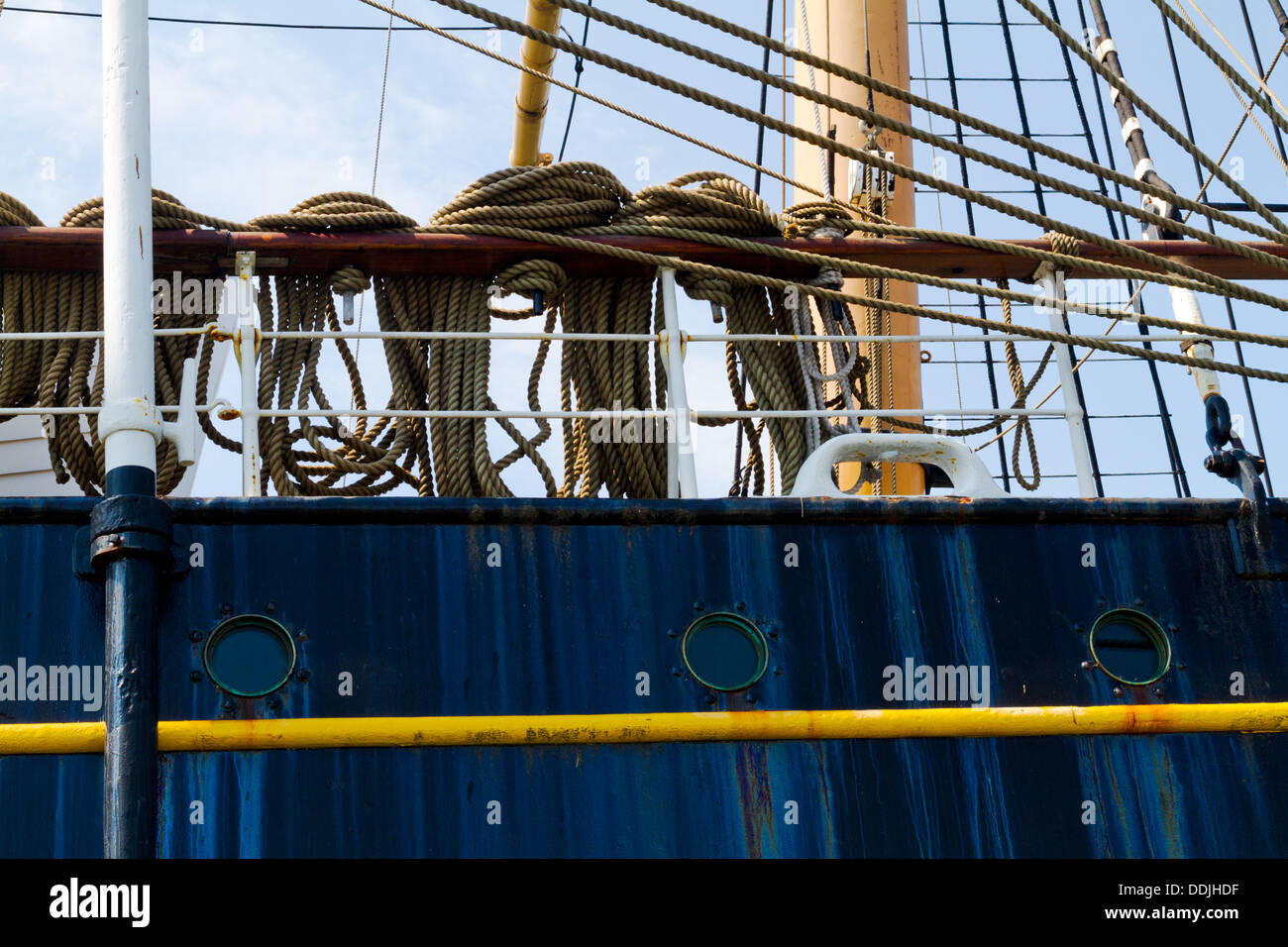 View of rigging on sailing ship Balclutha docked in San Francisco Bay ...