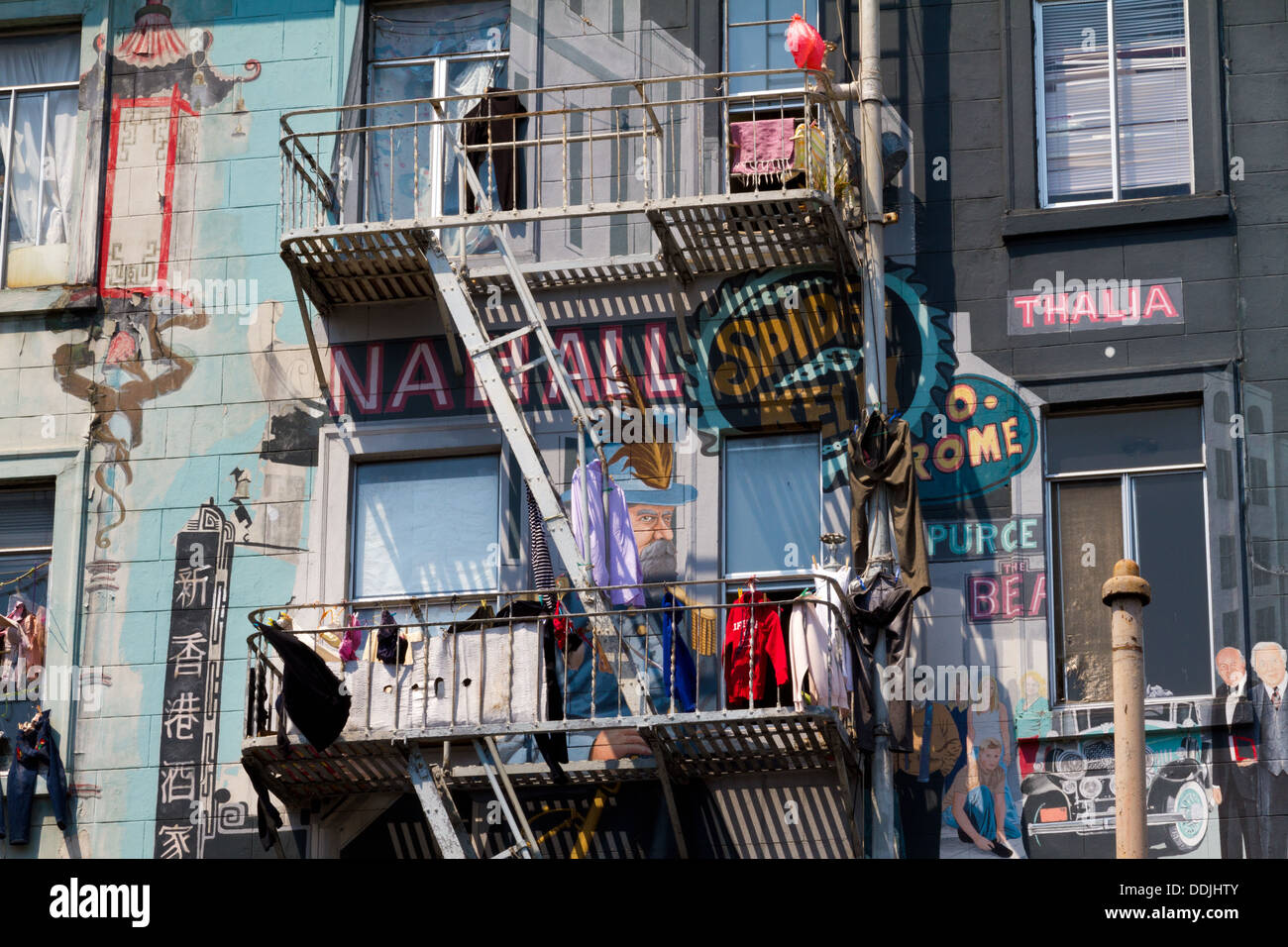 Bizarre shop in San Francisco Chinatown displaying wares on fire escape ...