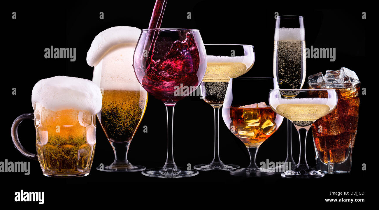 different images of alcohol - beer, martini, cola, champagne, wine ...