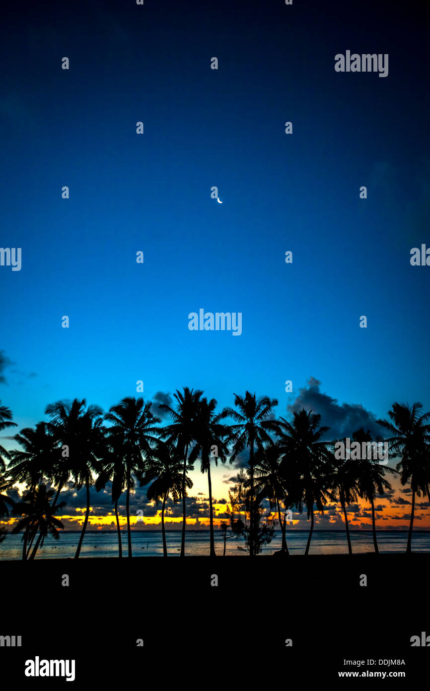 COOK ISLANDS, Aitutaki Island, tropical sunset colors with silhouette ...