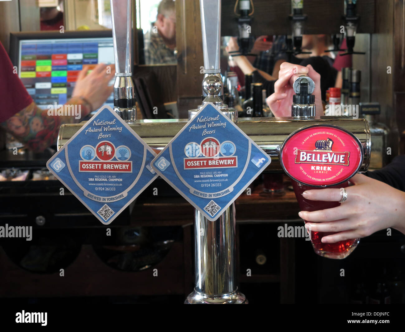 Ossett Brewery and BelleVue Kriek beer pumps at Marsden, TransPennine ...