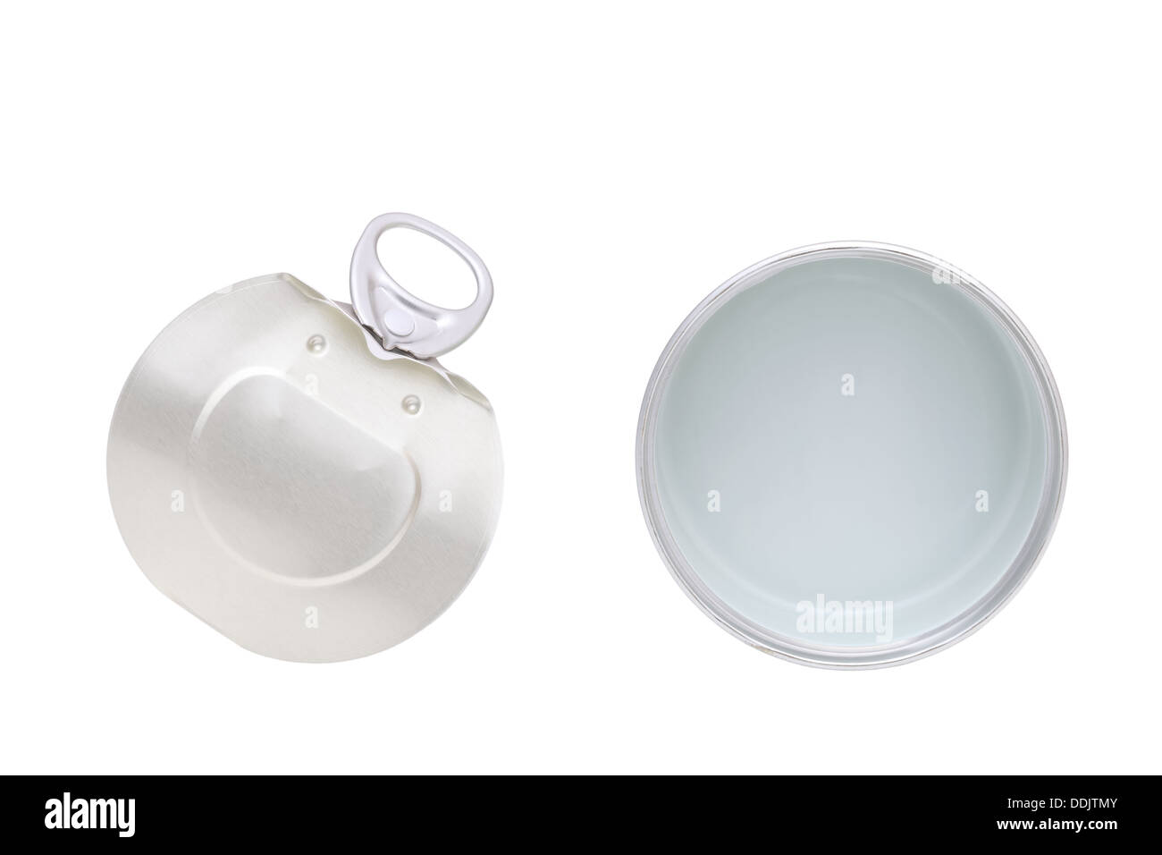 Empty opened tin can on white background Stock Photo - Alamy