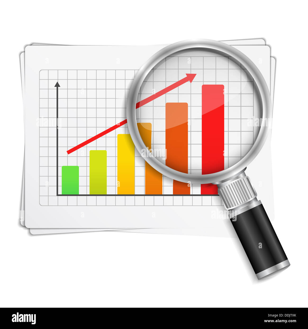 Magnifying glass showing rising bar graph Stock Photo - Alamy