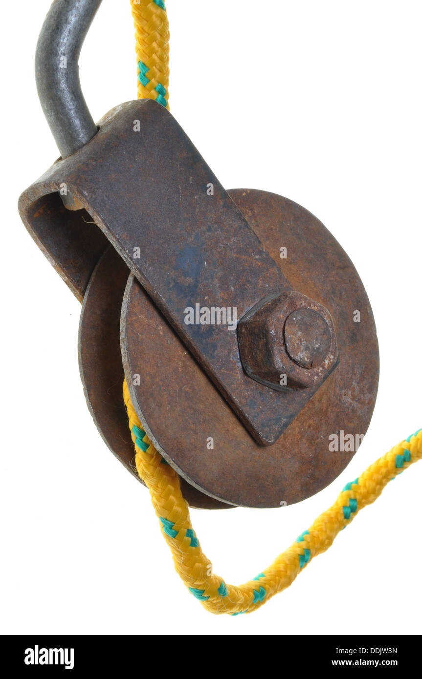 Old rusty pulley with rope Stock Photo - Alamy