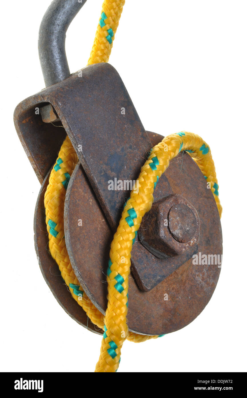 Old rusty pulley with rope Stock Photo - Alamy