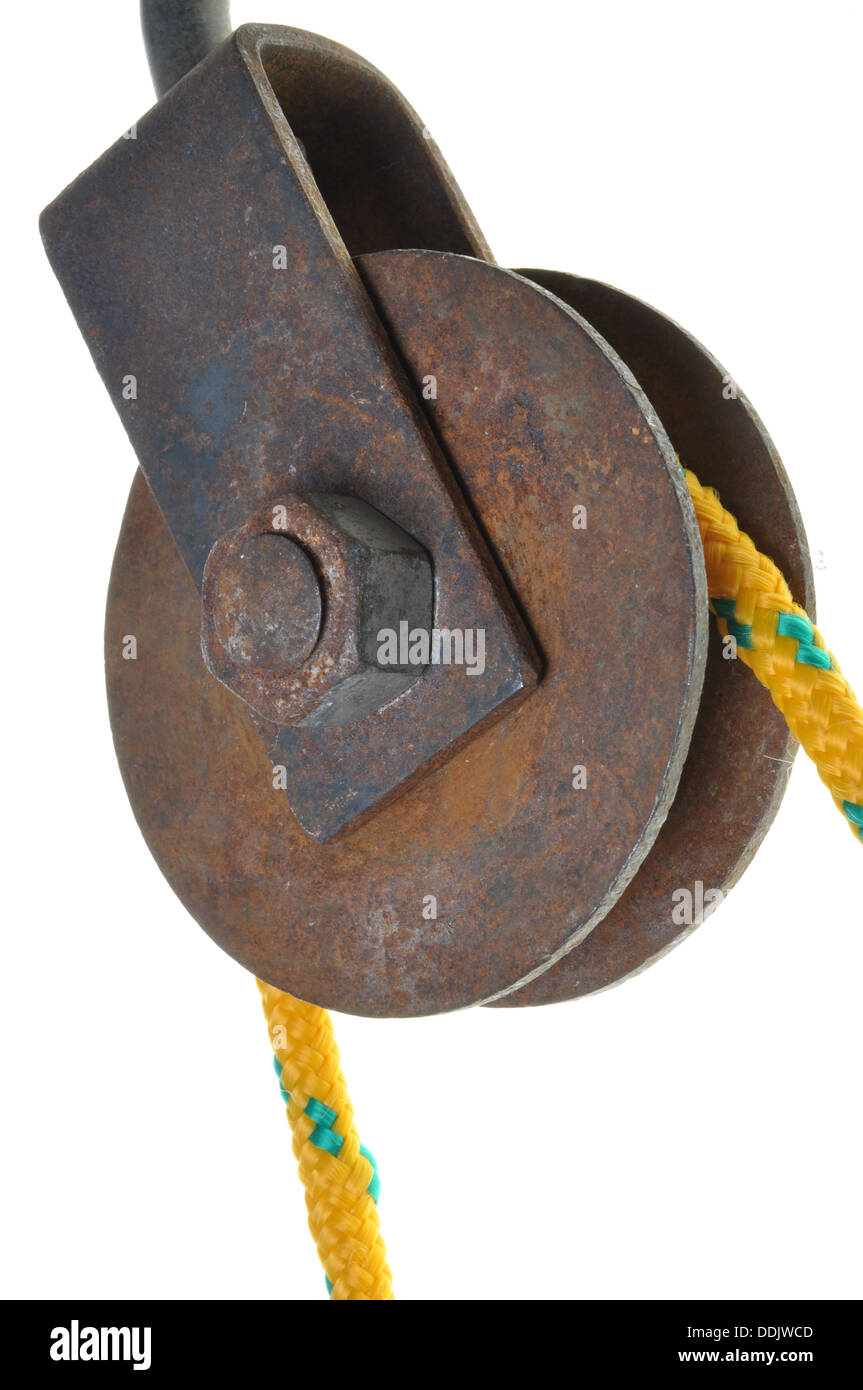 Old rusty pulley with rope Stock Photo - Alamy