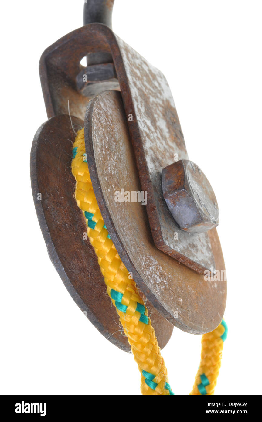 Old rusty pulley with rope Stock Photo - Alamy