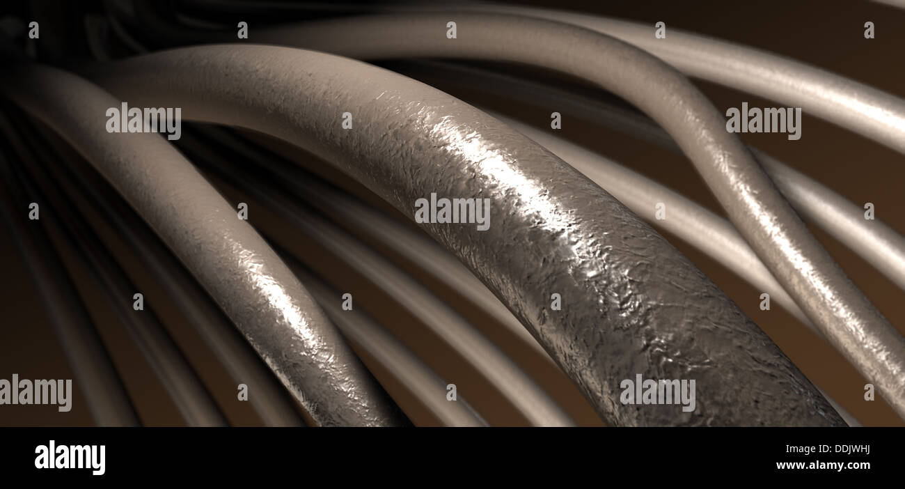 A microscopic view of a few strands of textured reflective brown hair ...