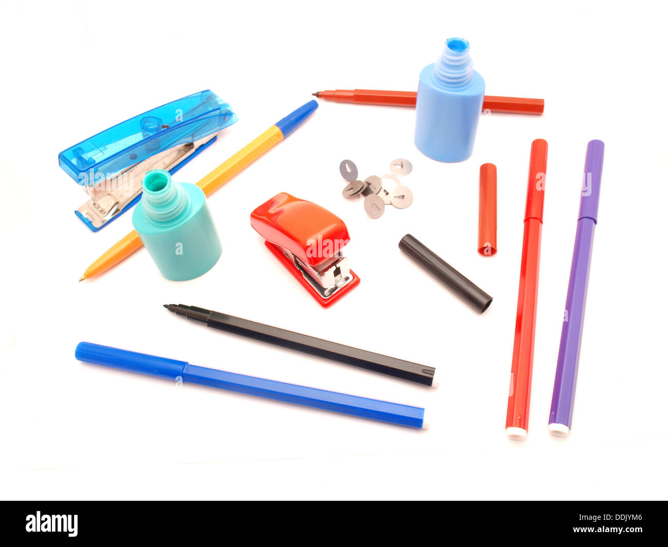 Stapler, the handle and a felt-tip pen on a white background Stock ...
