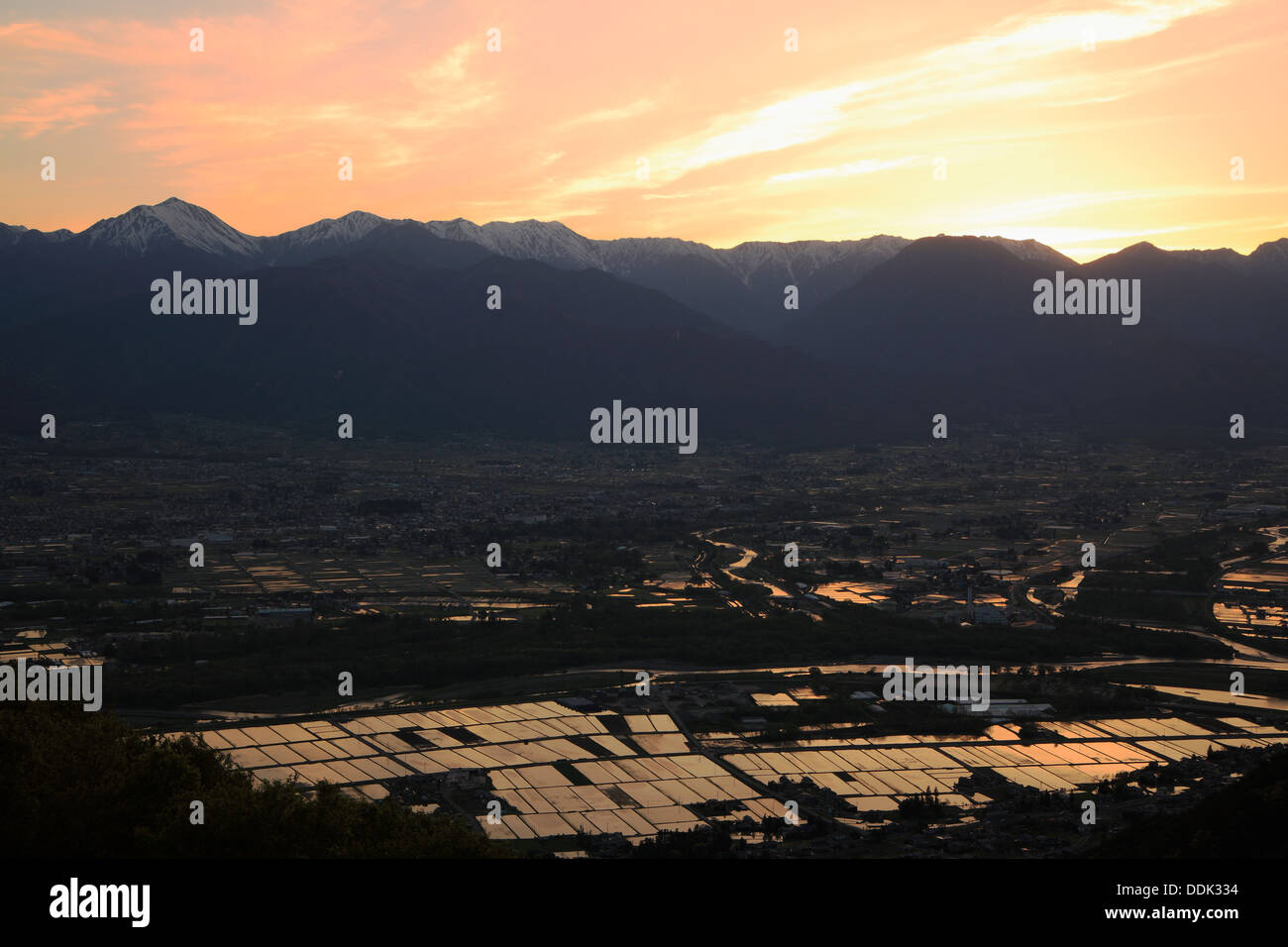 Sunset at flooded rice field in Azumino city, Nagano, Japan Stock Photo ...