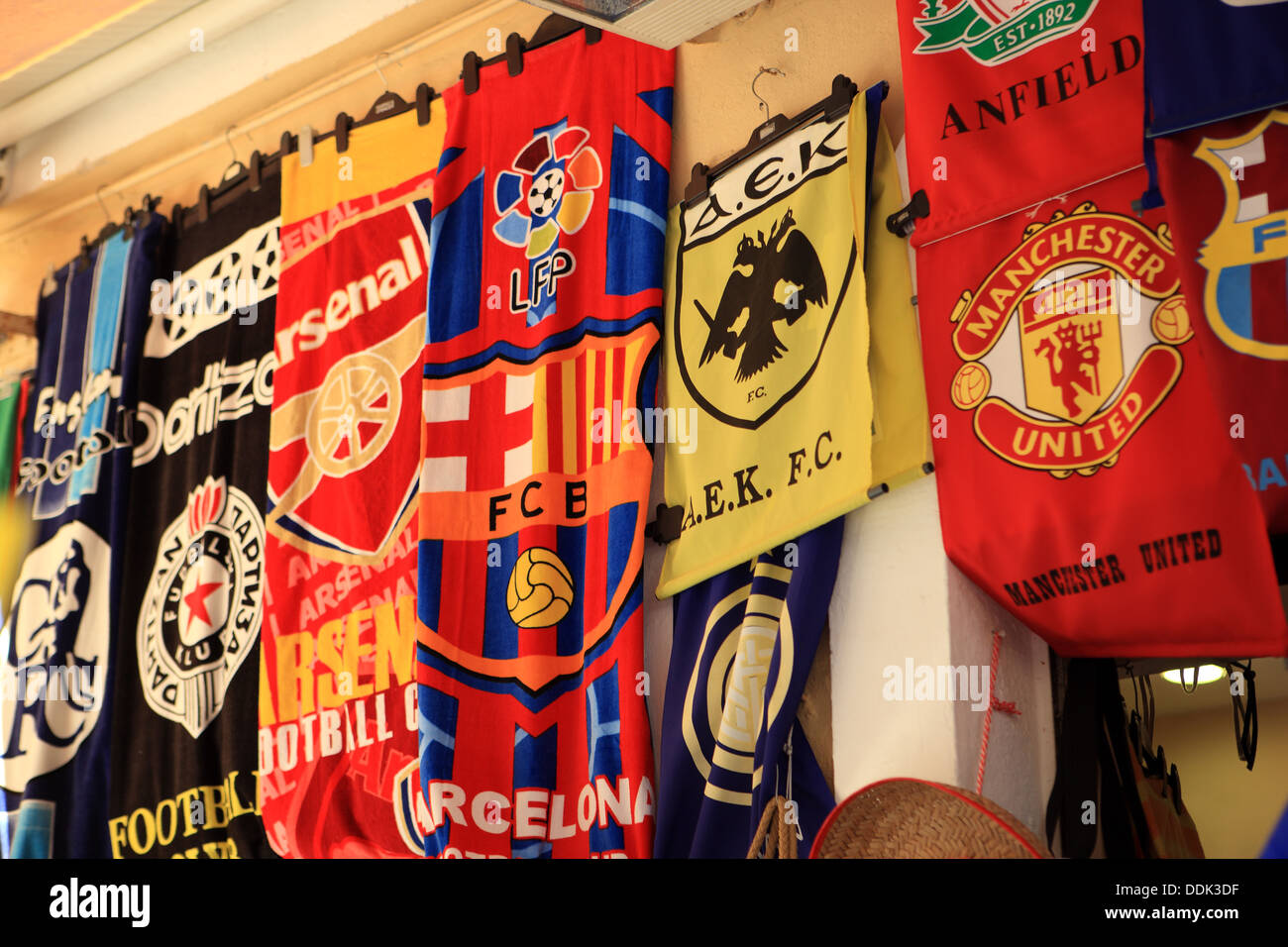 Football club tourist souvenirs on sale in Corfu Town, Greece Stock ...