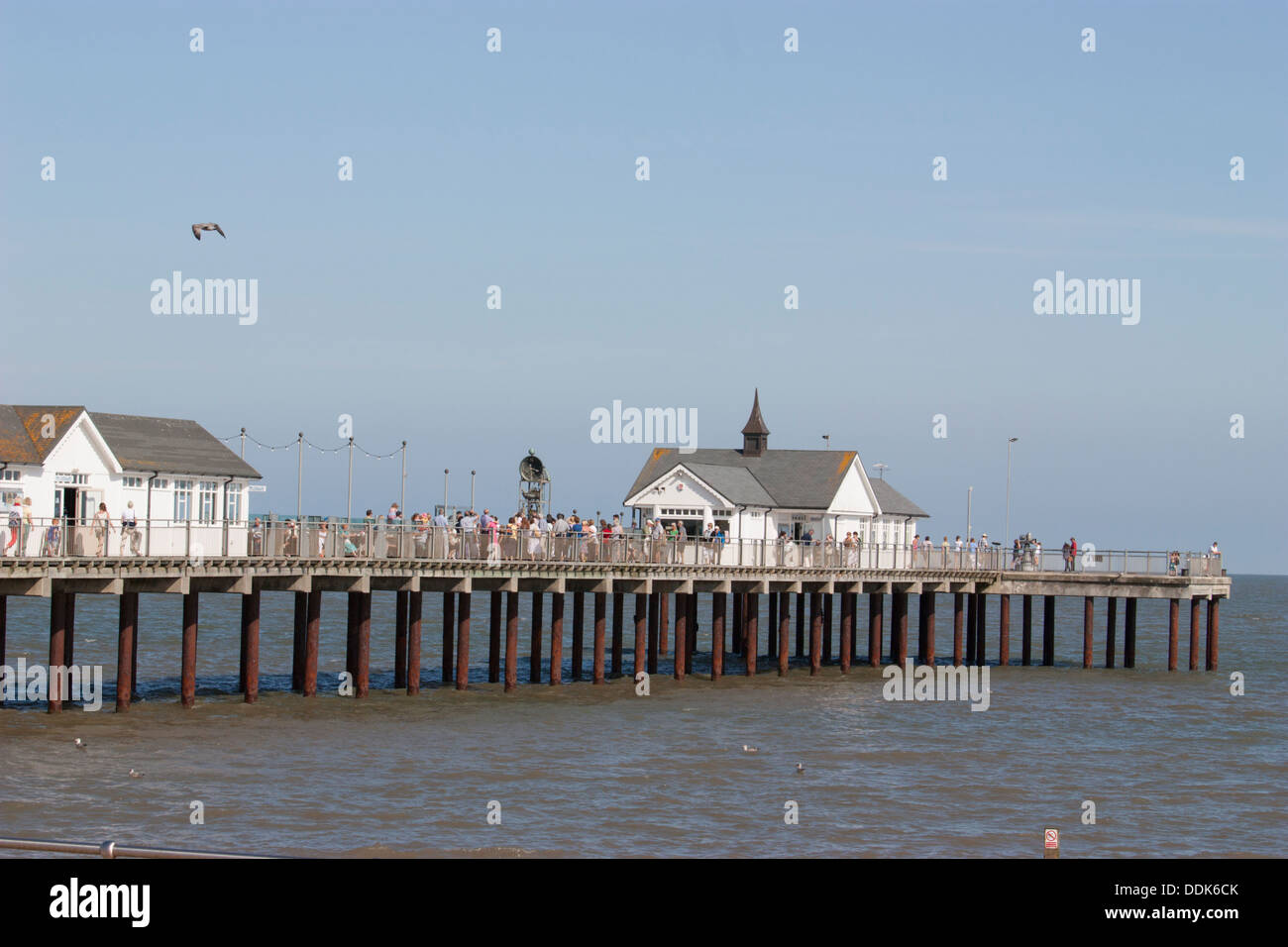 Southwold Pier on the Suffolk coast, UK, extends into the North Sea — a ...