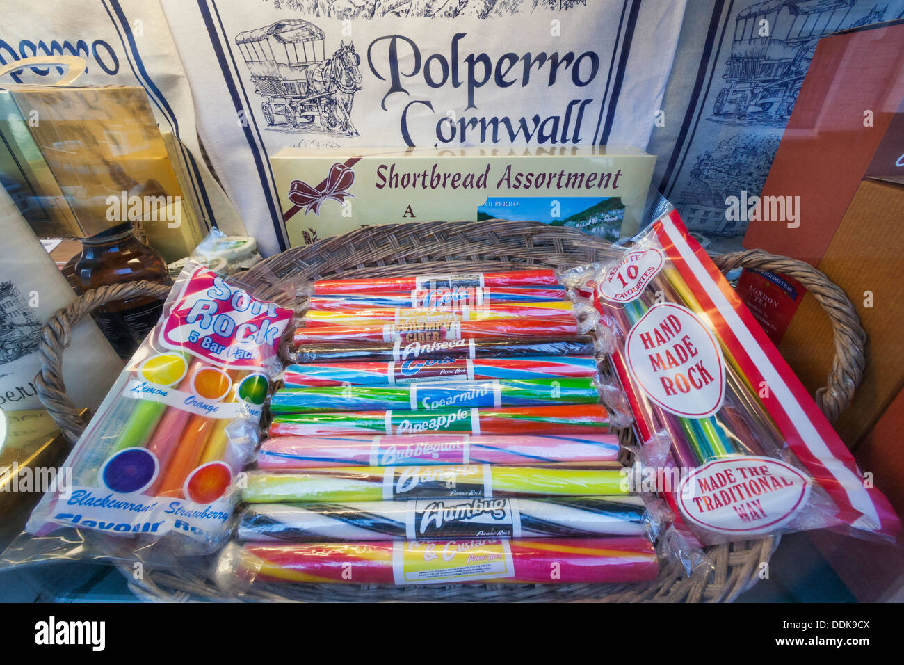 England, Cornwall, Polperro, Shop Window Display of Souvenir Rock Stock ...