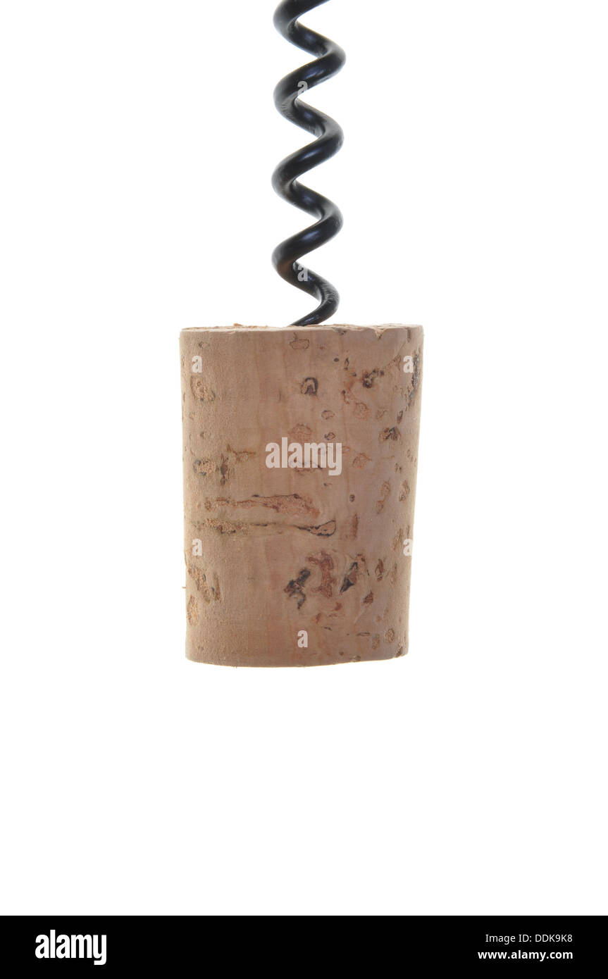 Single cork and metal corkscrew on a white background Stock Photo - Alamy