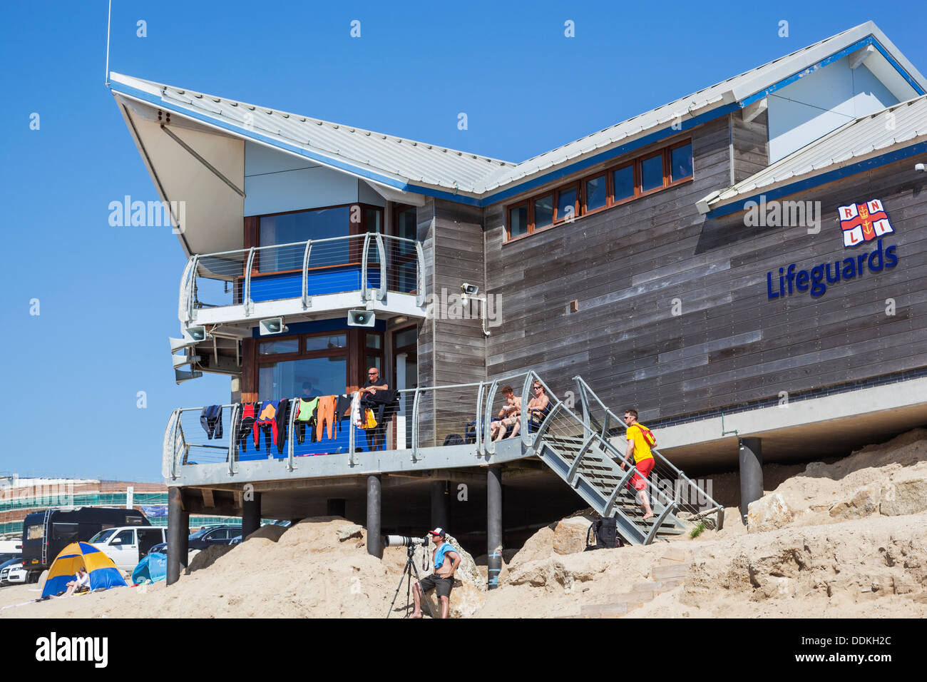 England, Cornwall, Newquay, Fistral Beach, Lifeguard Station Stock ...