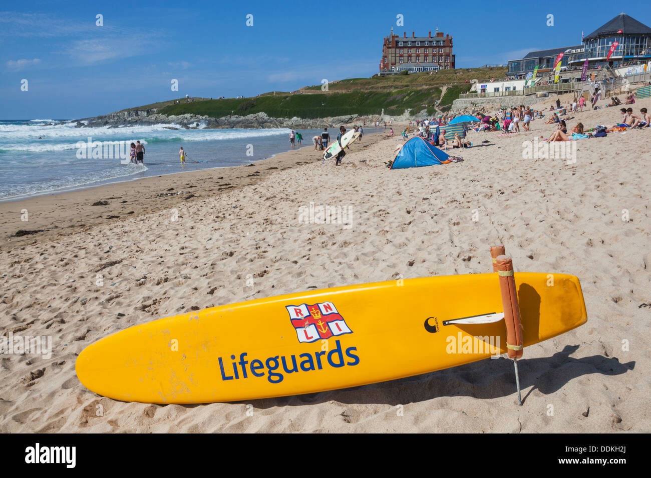 England, Cornwall, Newquay, Fistral Beach, Lifeguard Surfboard Stock ...