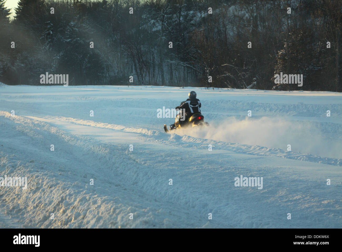 Snowmobile and rider, racing down a snow covered trail Stock Photo - Alamy