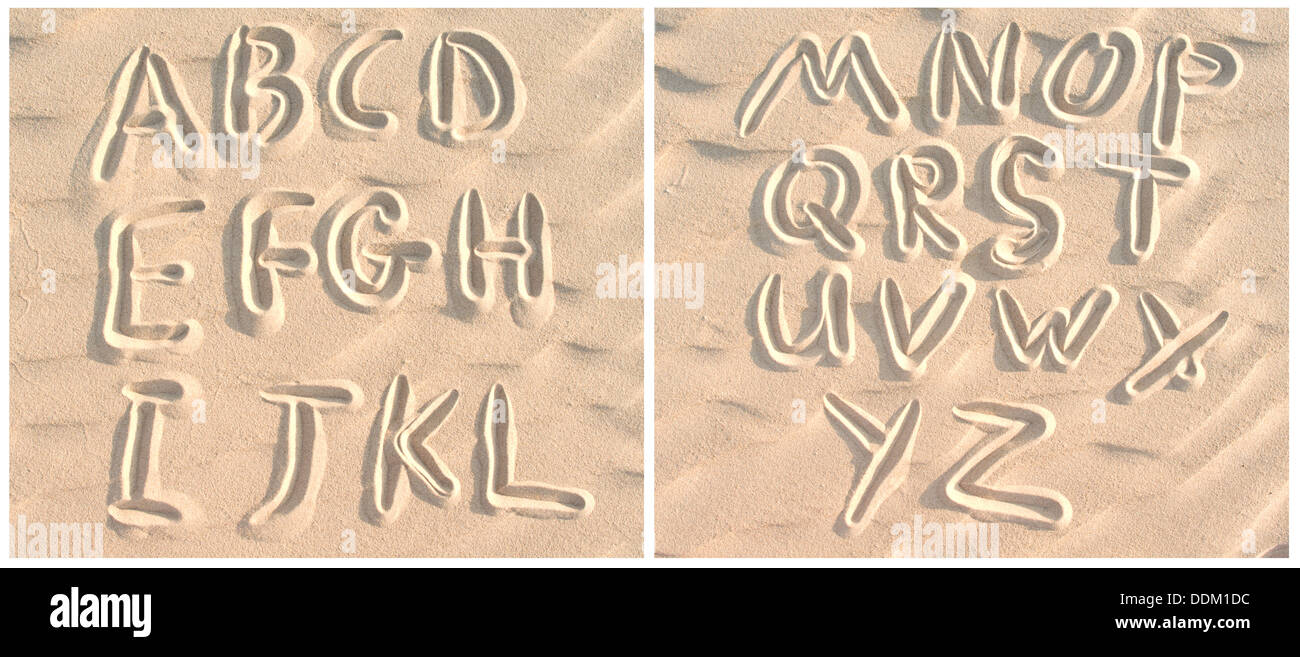 english alphabet on sand Stock Photo - Alamy