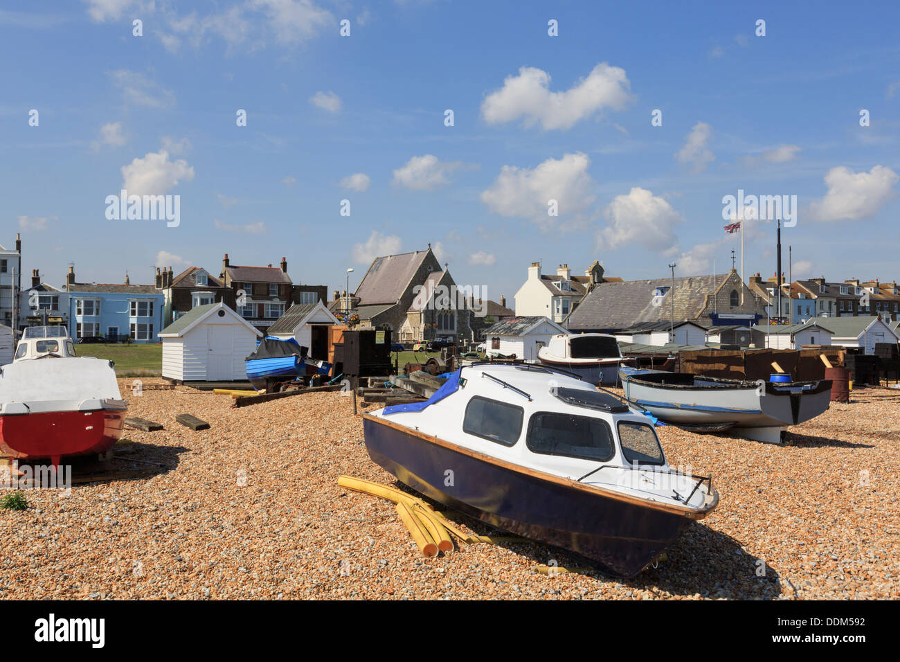 Fishing boats on shingle Walmer beach on the south coast in Deal, Kent ...