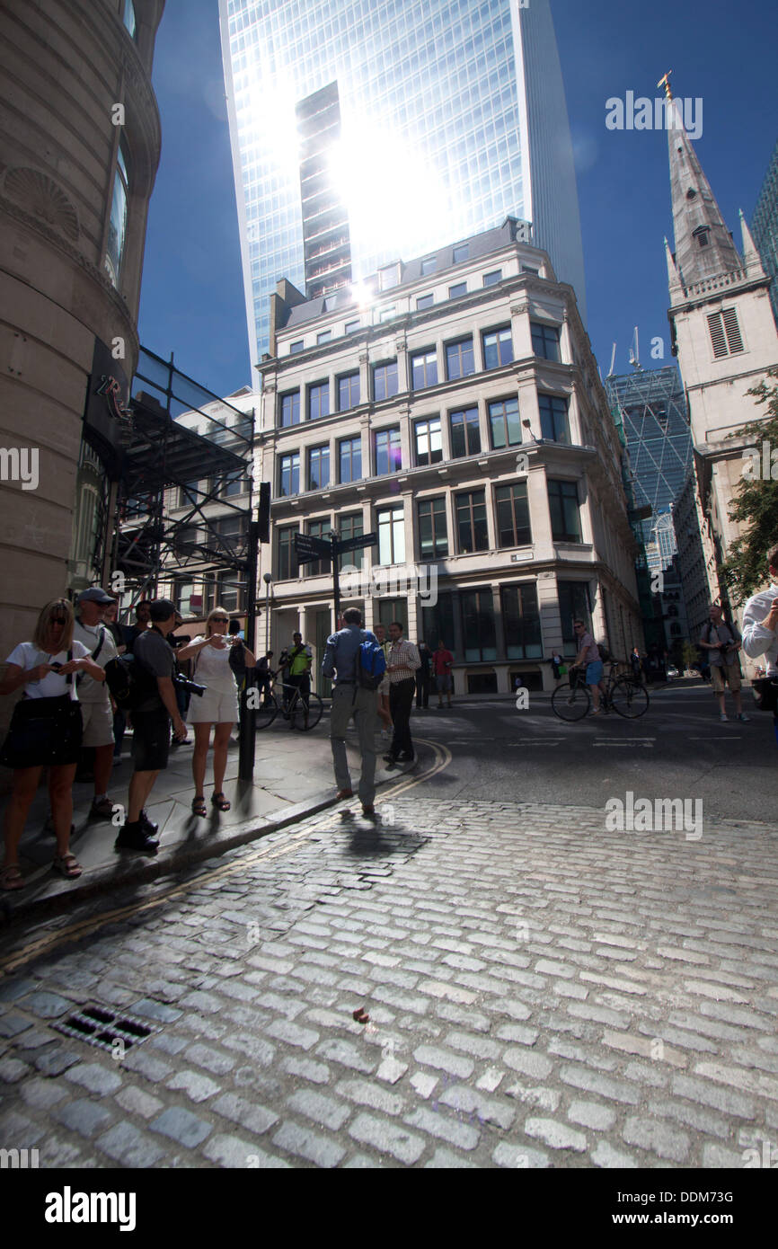 London, UK. 4th September 2013. Sun glares from the concave facade of ...
