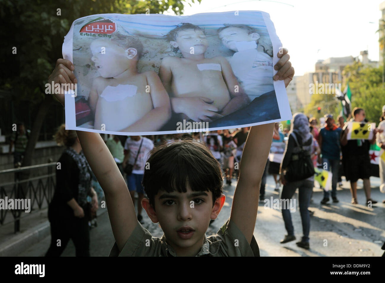 Syrian children protest in Athens against situation in Syria Stock ...