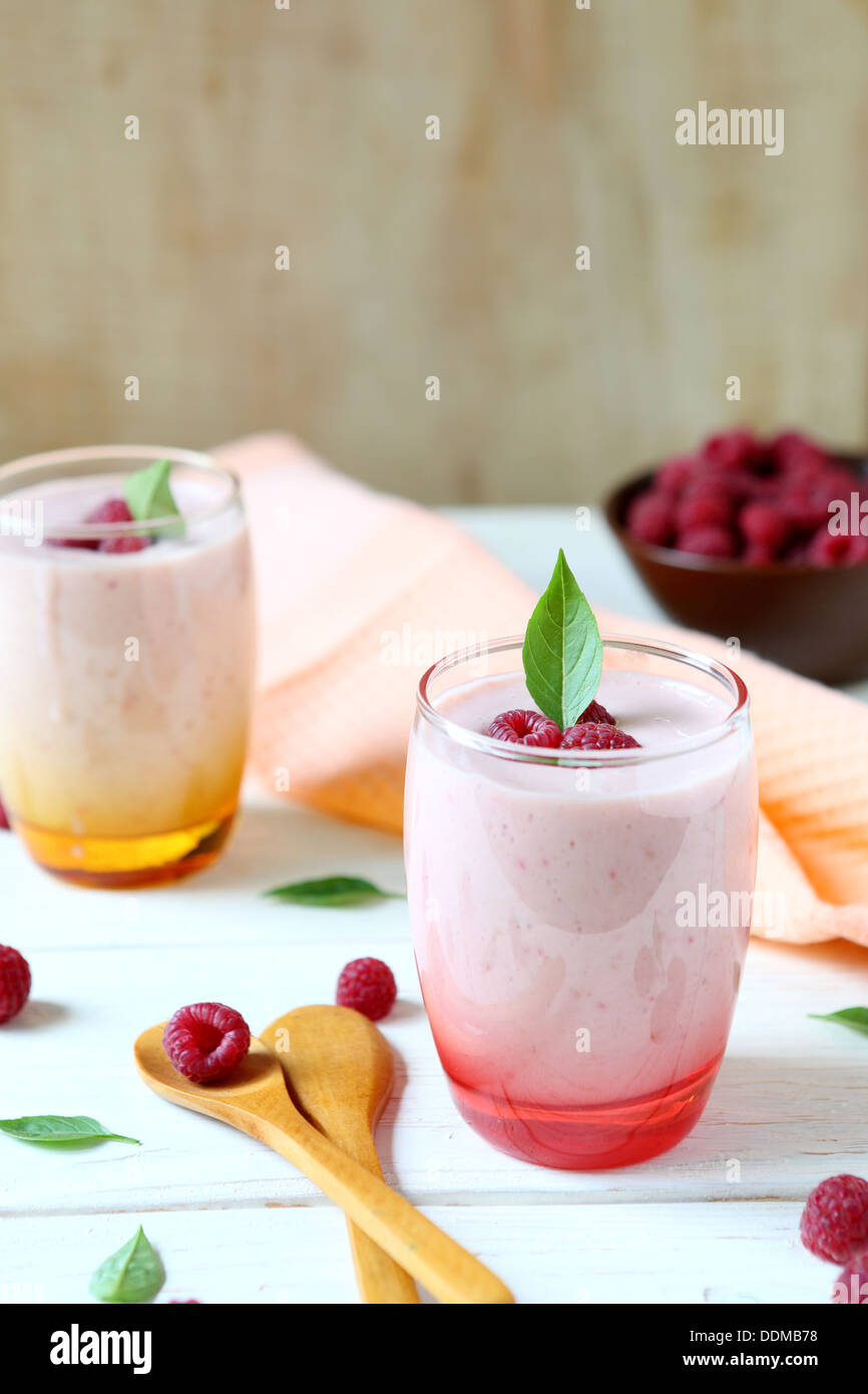 two glasses of raspberry milkshake, beverage Stock Photo - Alamy