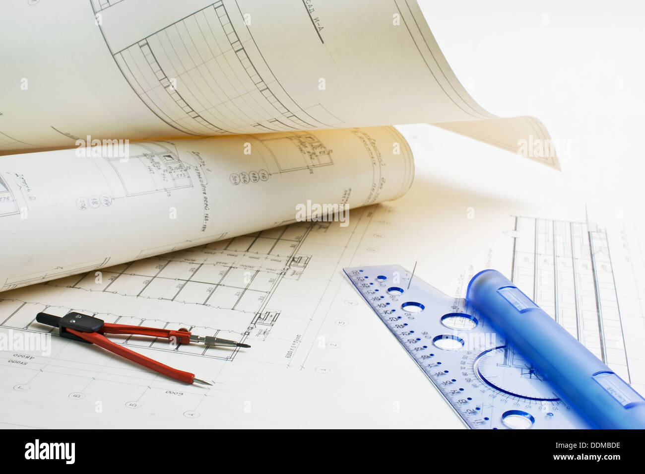 Old architectural drawing with a ruler and compass Stock Photo - Alamy