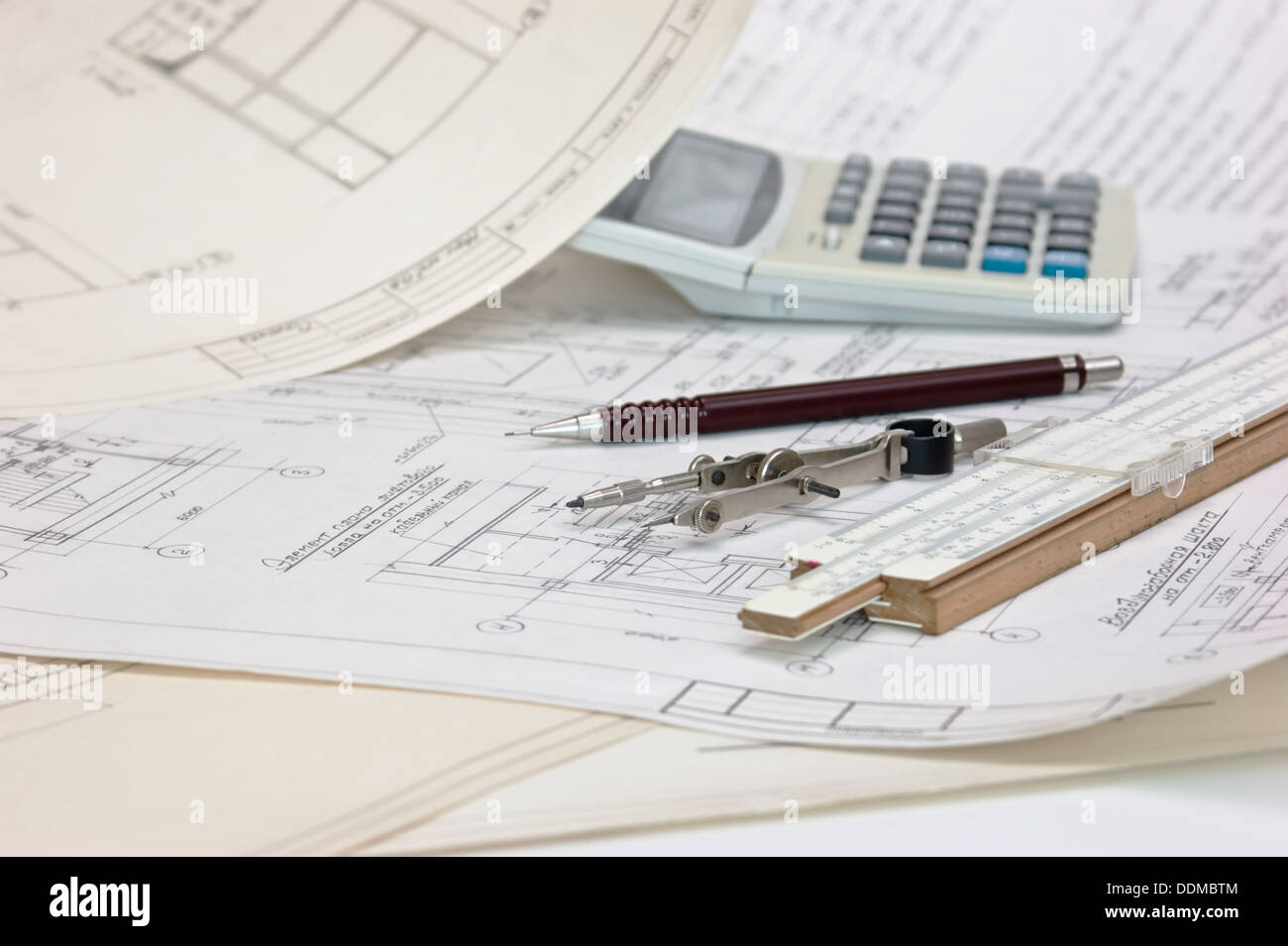 old technical drawings and slide rule Stock Photo - Alamy