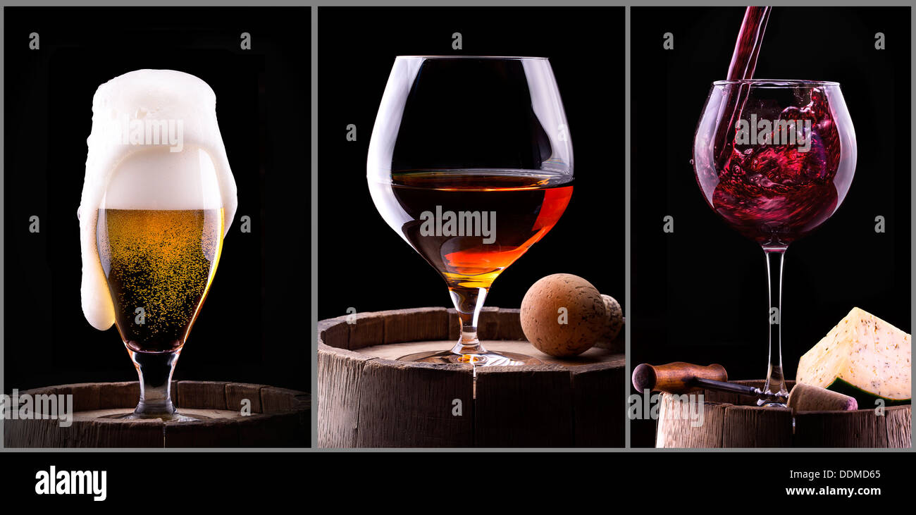 alcohol drinks set isolated on a black background - beer, wine, scotch ...