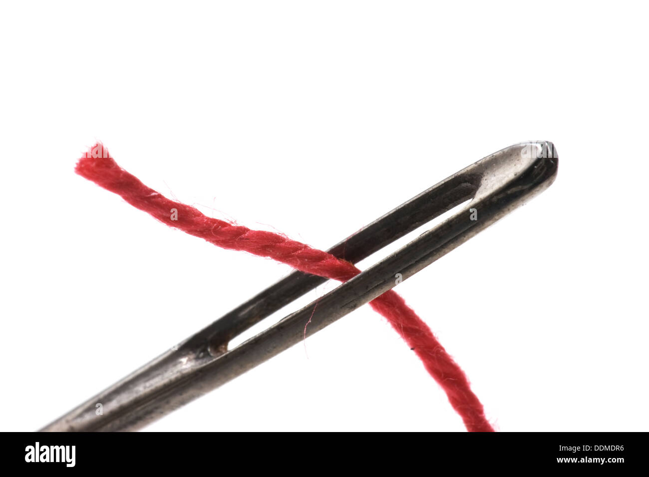 red thread threaded into the eye of a needle isolated on white ...