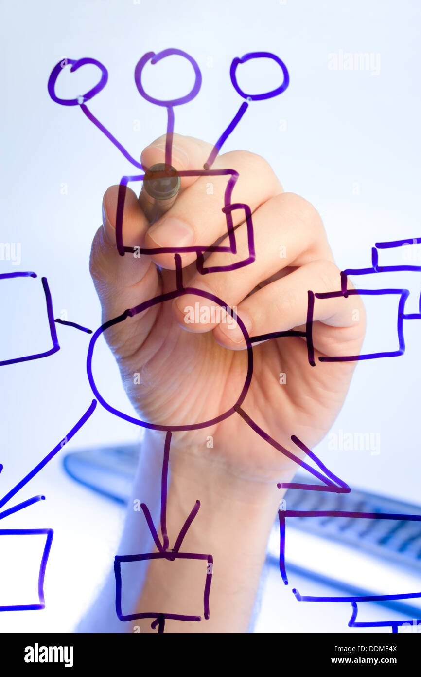 hand draws a block diagram on a transparent glass Stock Photo - Alamy