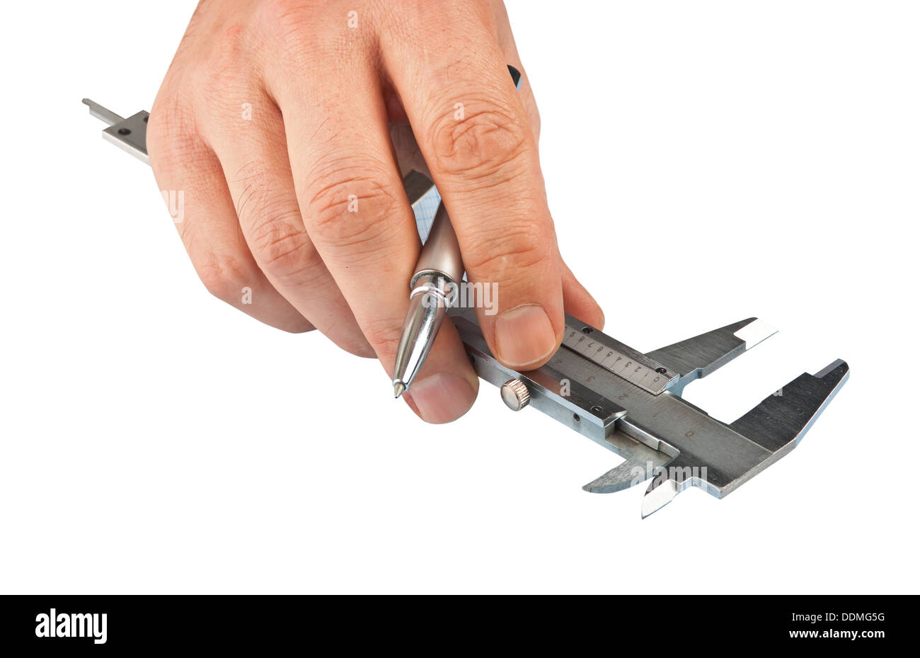 callipers in hand isolated on white background Stock Photo - Alamy