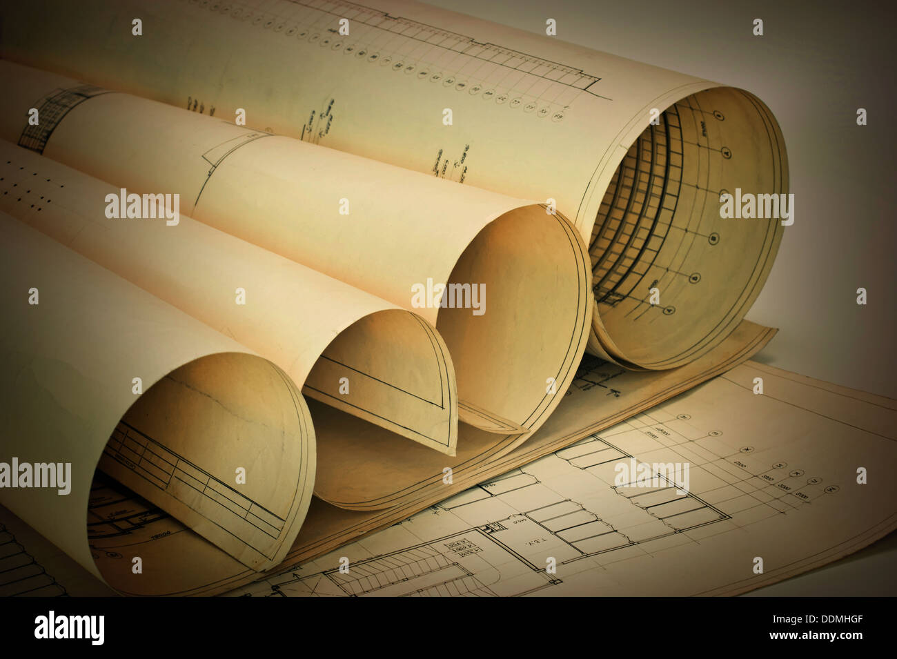 old twisted architectural engineering drawings Stock Photo - Alamy
