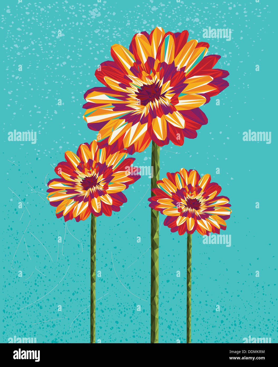 Trendy colorful abstract flowers triangles shapes over blue background ...