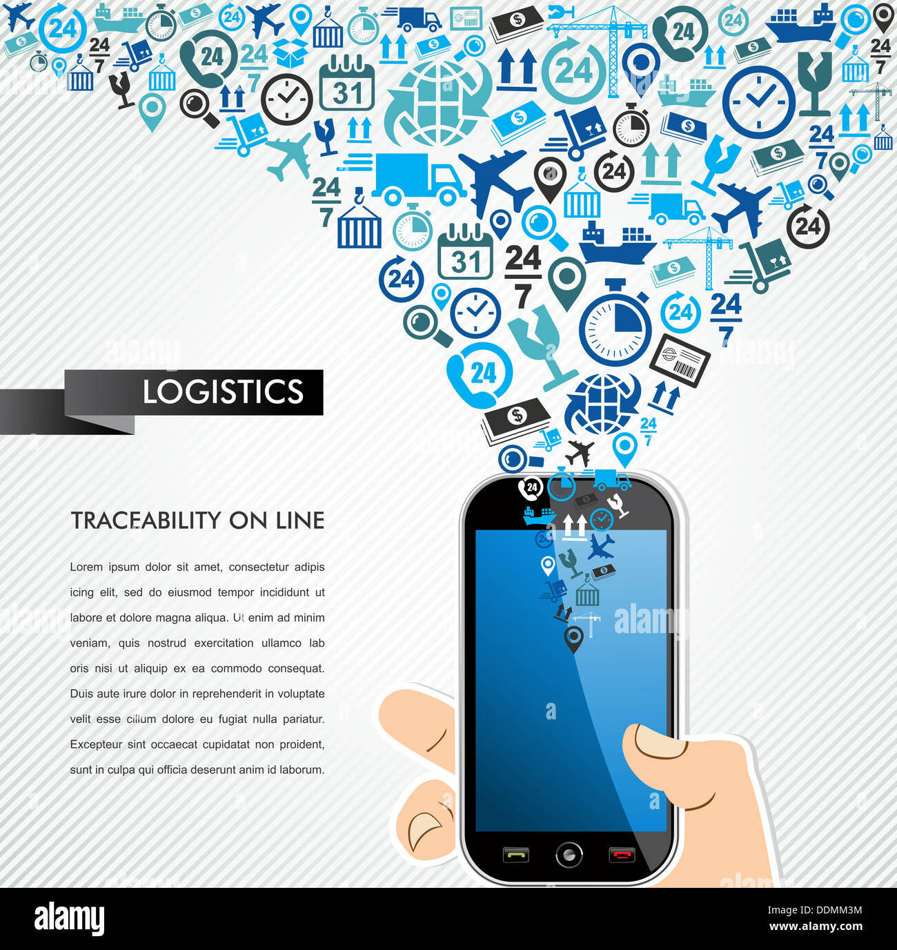 Shipping and logistics mobility concept: hand holds a smart phone with ...
